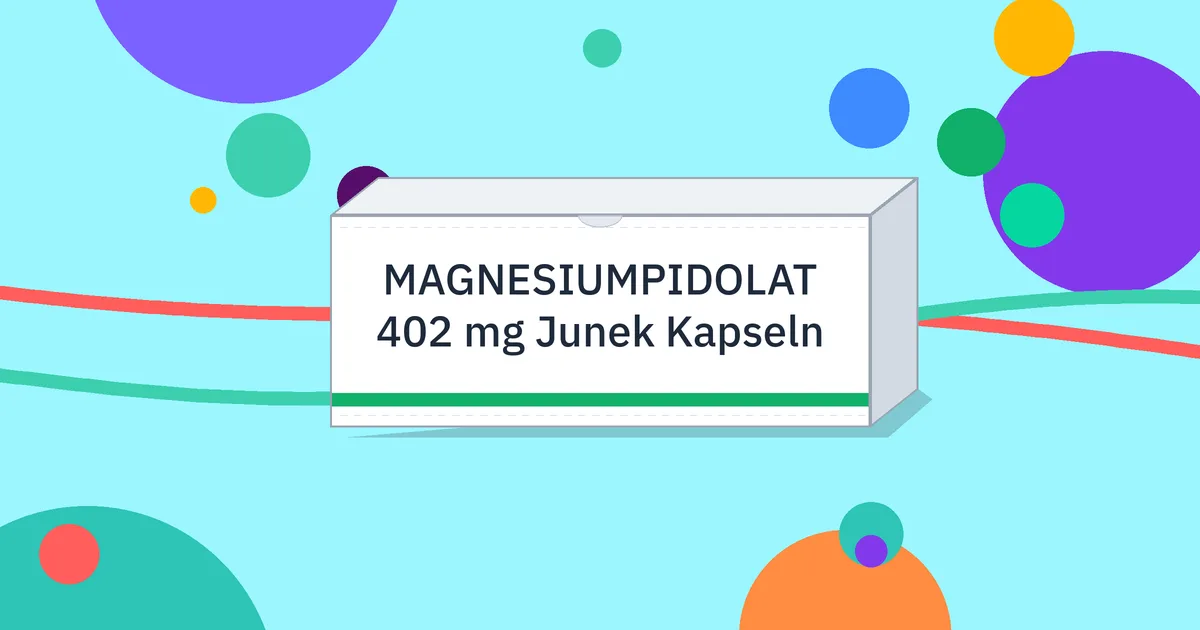 Symbolbild: Packung mit der Aufschrift MAGNESIUMPIDOLAT 402 mg Junek Kapseln (PZN 17633436) – Verfügbarkeit und Bezug in Apotheken in Frankfurt am Main