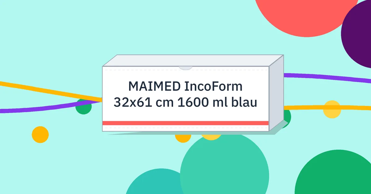 Symbolbild: Packung mit der Aufschrift MAIMED IncoForm 32x61 cm 1600 ml blau (PZN 06416664) – Verfügbarkeit und Bezug in Apotheken in Frankfurt am Main