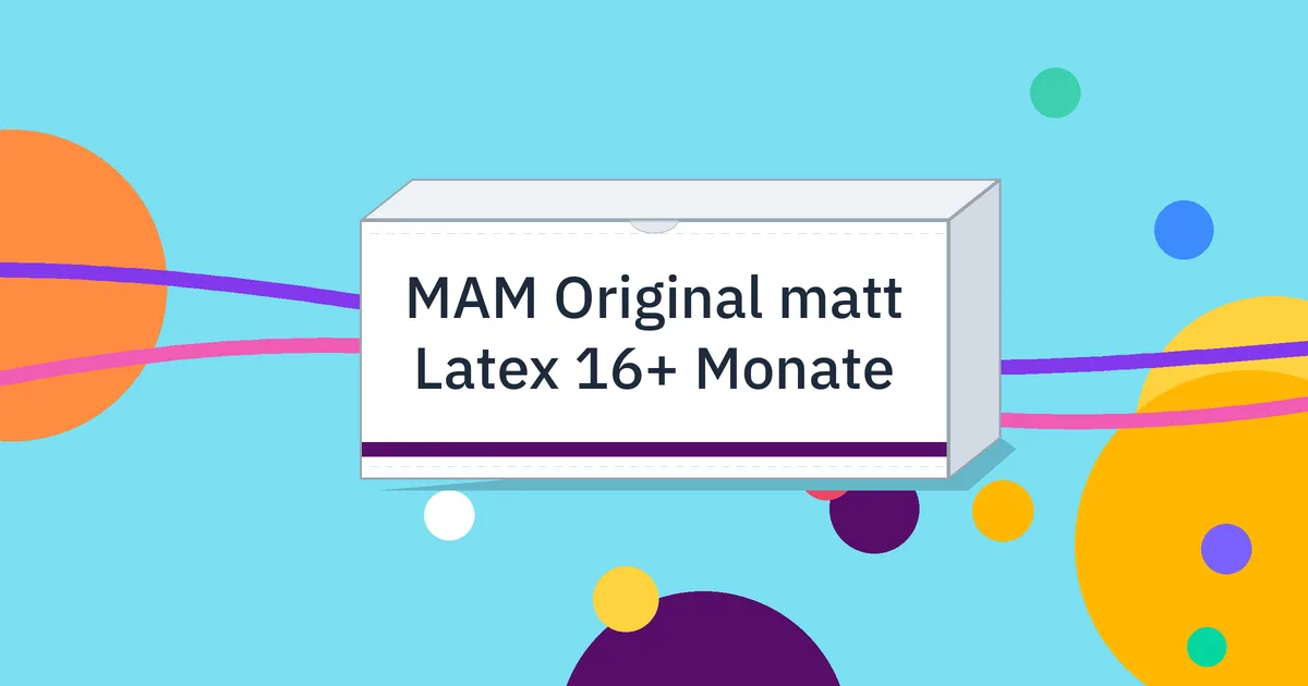 Symbolbild: Packung mit der Aufschrift MAM Original matt Latex 16+ Monate (PZN 18889362) – Verfügbarkeit und Bezug in Apotheken in Frankfurt am Main