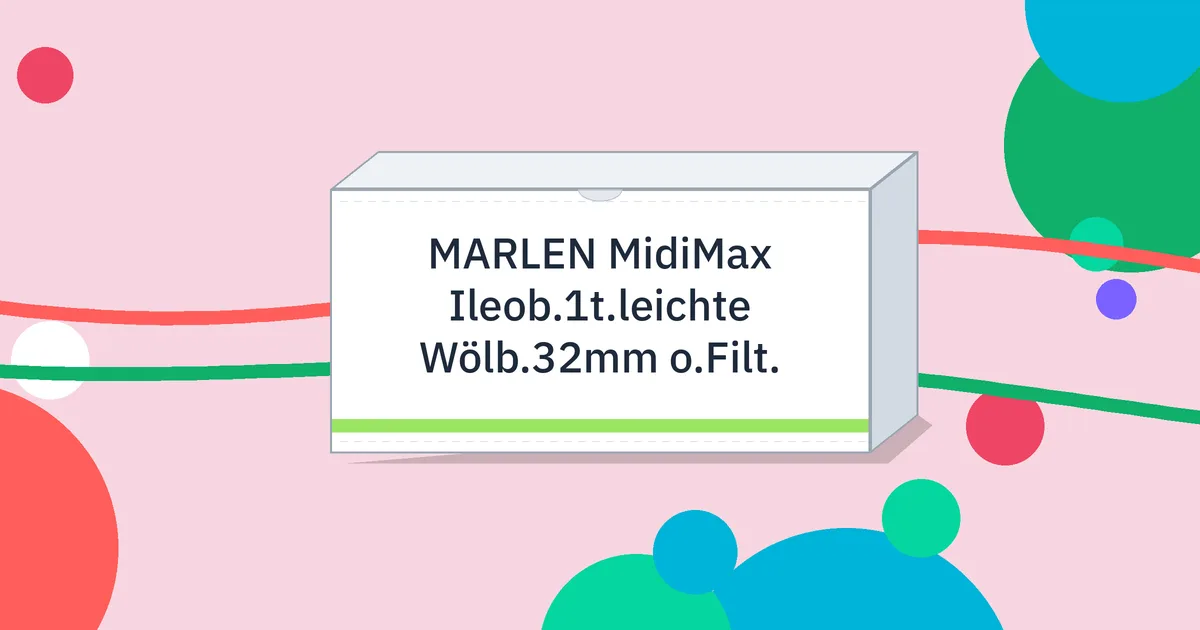 Symbolbild: Packung mit der Aufschrift MARLEN MidiMax Ileob.1t.leichte Wölb.32mm o.Filt. (PZN 16658546) – Verfügbarkeit und Bezug in Apotheken in Frankfurt am Main