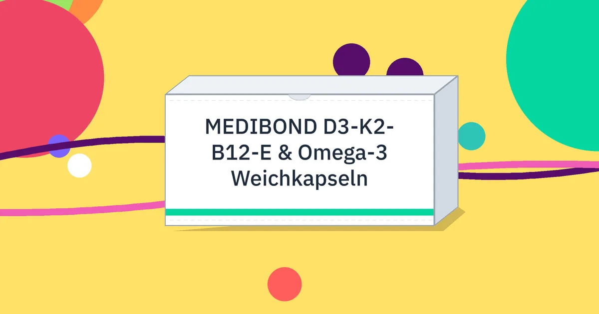 Symbolbild: Packung mit der Aufschrift MEDIBOND D3-K2-B12-E & Omega-3 Weichkapseln (PZN 16894703) – Verfügbarkeit und Bezug in Apotheken in Frankfurt am Main