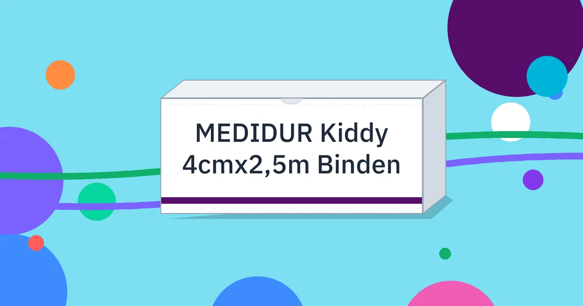 Symbolbild: Packung mit der Aufschrift MEDIDUR Kiddy 4cmx2,5m Binden (PZN 01603195) – Verfügbarkeit und Bezug in Apotheken in Frankfurt am Main