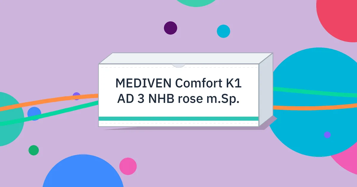 Symbolbild: Packung mit der Aufschrift MEDIVEN Comfort K1 AD 3 NHB rose m.Sp. (PZN 14560211) – Verfügbarkeit und Bezug in Apotheken in Frankfurt am Main