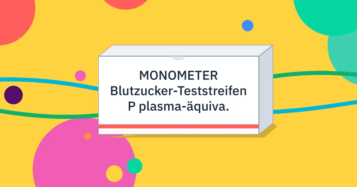 Symbolbild: Packung mit der Aufschrift MONOMETER Blutzucker-Teststreifen P plasma-äquiva. (PZN 08837269) – Verfügbarkeit und Bezug in Apotheken in Frankfurt am Main