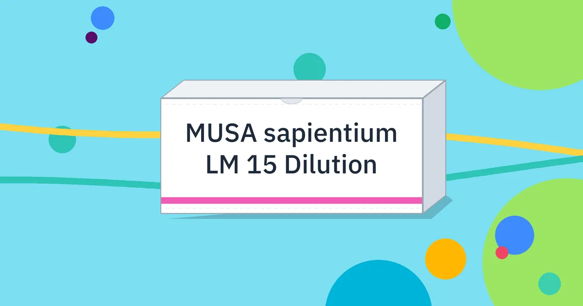 Symbolbild: Packung mit der Aufschrift MUSA sapientium LM 15 Dilution (PZN 13611716) – Verfügbarkeit und Bezug in Apotheken in Frankfurt am Main