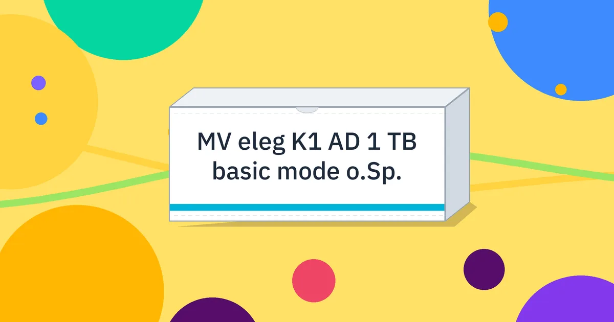 Symbolbild: Packung mit der Aufschrift MV eleg K1 AD 1 TB basic mode o.Sp. (PZN 09851780) – Verfügbarkeit und Bezug in Apotheken in Frankfurt am Main