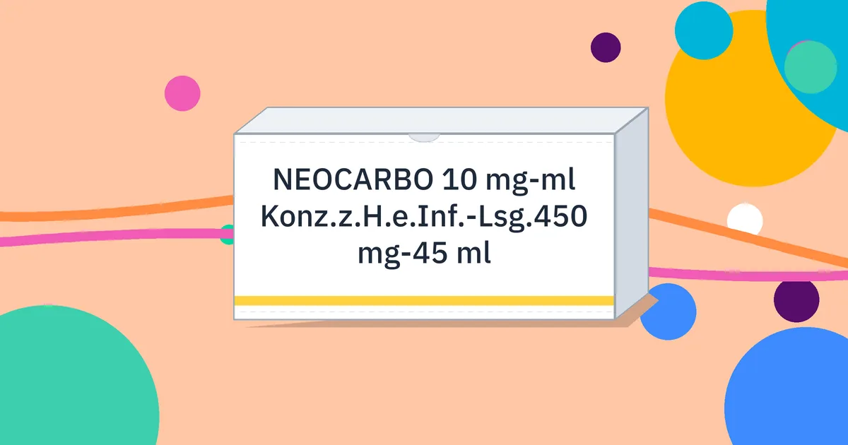 Symbolbild: Packung mit der Aufschrift NEOCARBO 10 mg-ml Konz.z.H.e.Inf.-Lsg.450 mg-45 ml (PZN 12468346) – Verfügbarkeit und Bezug in Apotheken in Frankfurt am Main
