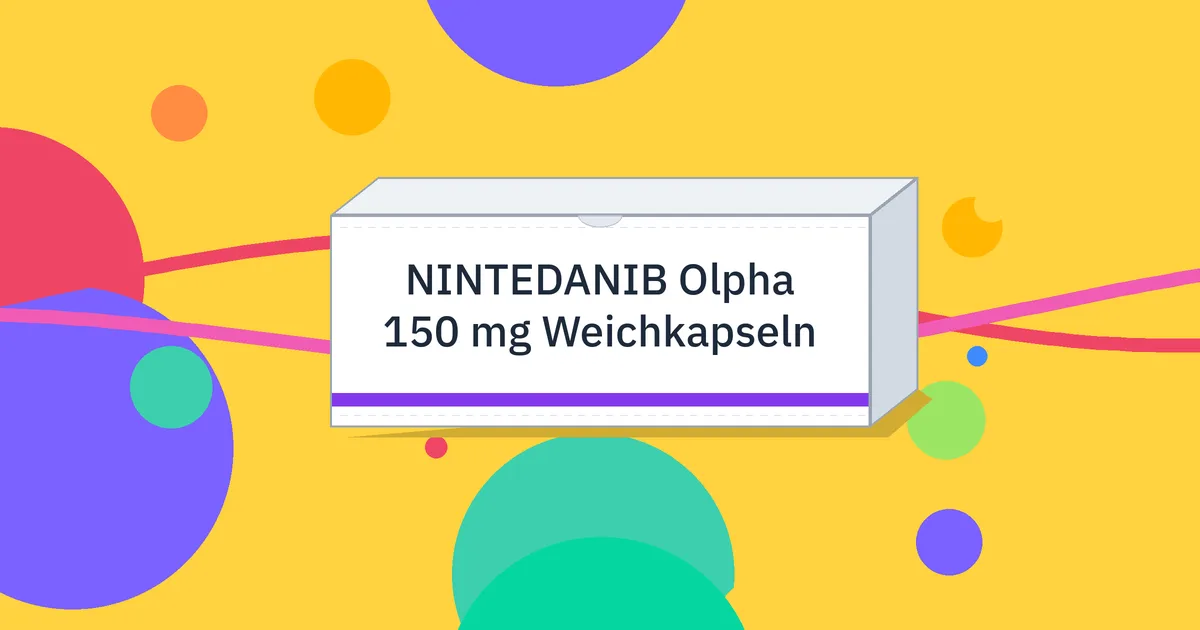 Symbolbild: Packung mit der Aufschrift NINTEDANIB Olpha 150 mg Weichkapseln (PZN 20020803) – Verfügbarkeit und Bezug in Apotheken in Frankfurt am Main