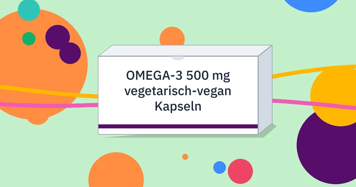 Symbolbild: Packung mit der Aufschrift OMEGA-3 500 mg vegetarisch-vegan Kapseln (PZN 15737829) – Verfügbarkeit und Bezug in Apotheken in Frankfurt am Main