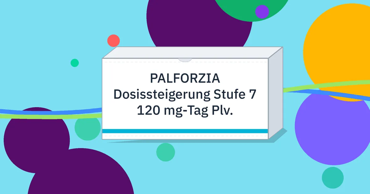 Symbolbild: Packung mit der Aufschrift PALFORZIA Dosissteigerung Stufe 7 120 mg-Tag Plv. (PZN 16903247) – Verfügbarkeit und Bezug in Apotheken in Frankfurt am Main