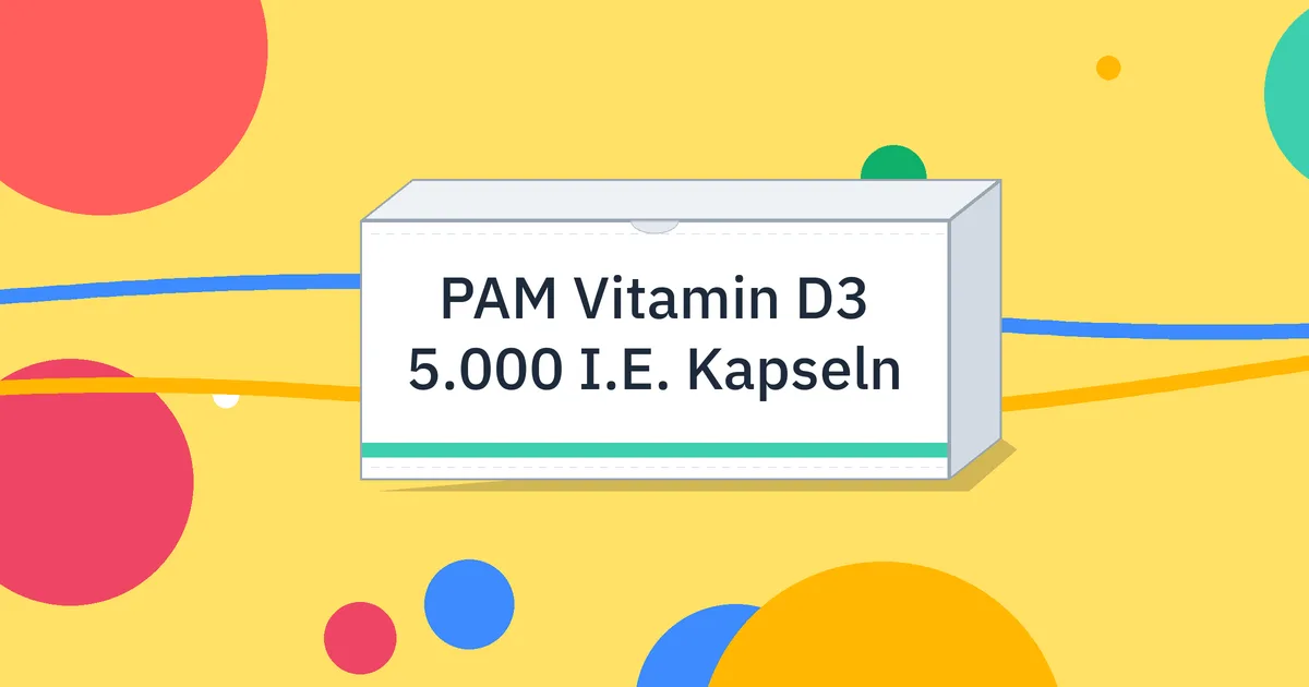 Symbolbild: Packung mit der Aufschrift PAM Vitamin D3 5.000 I.E. Kapseln (PZN 20349182) – Verfügbarkeit und Bezug in Apotheken in Frankfurt am Main