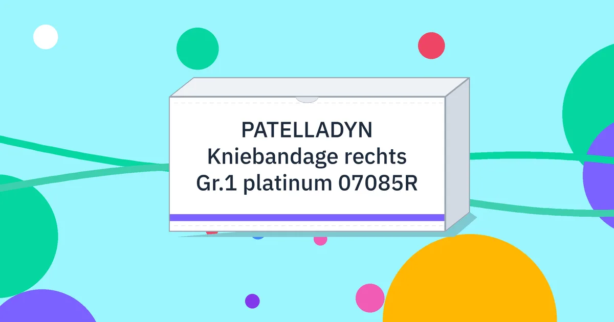 Symbolbild: Packung mit der Aufschrift PATELLADYN Kniebandage rechts Gr.1 platinum 07085R (PZN 08438049) – Verfügbarkeit und Bezug in Apotheken in Frankfurt am Main