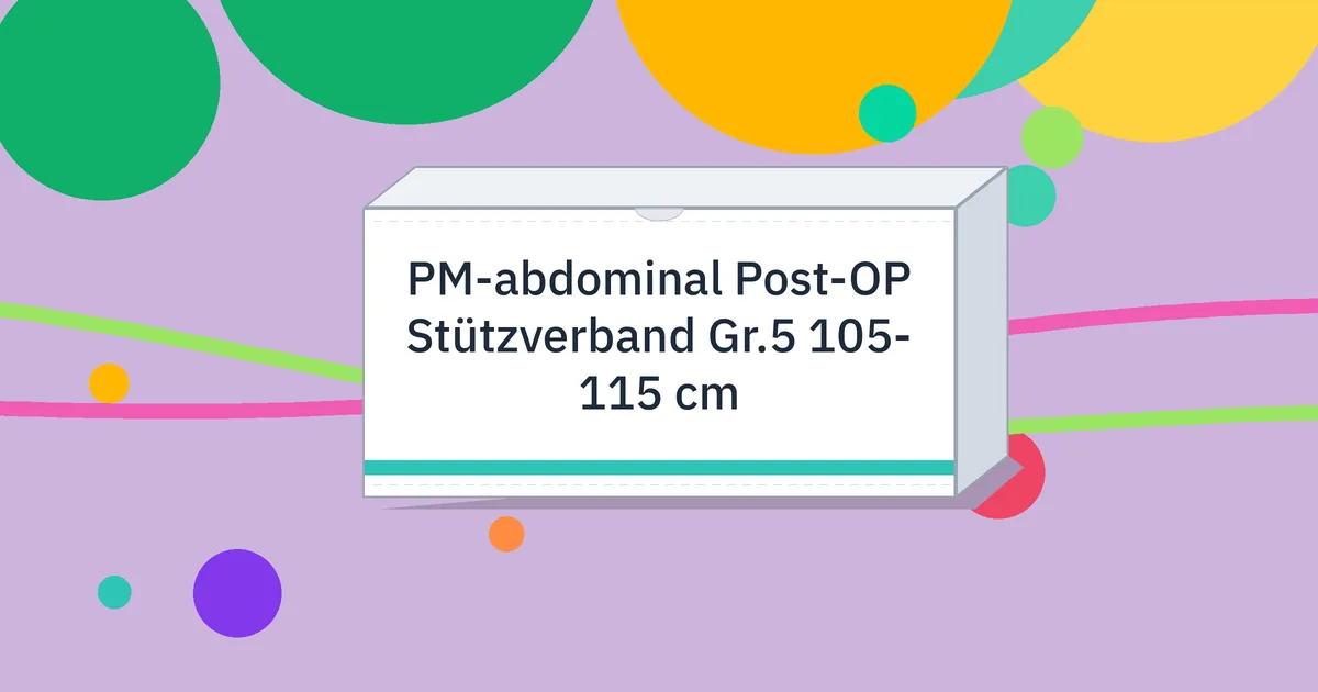 Symbolbild: Packung mit der Aufschrift PM-abdominal Post-OP Stützverband Gr.5 105-115 cm (PZN 18846134) – Verfügbarkeit und Bezug in Apotheken in Frankfurt am Main