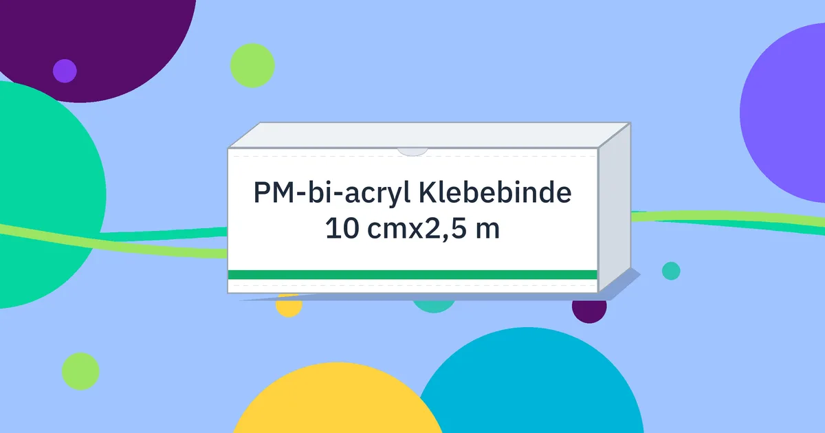 Symbolbild: Packung mit der Aufschrift PM-bi-acryl Klebebinde 10 cmx2,5 m (PZN 18845382) – Verfügbarkeit und Bezug in Apotheken in Frankfurt am Main