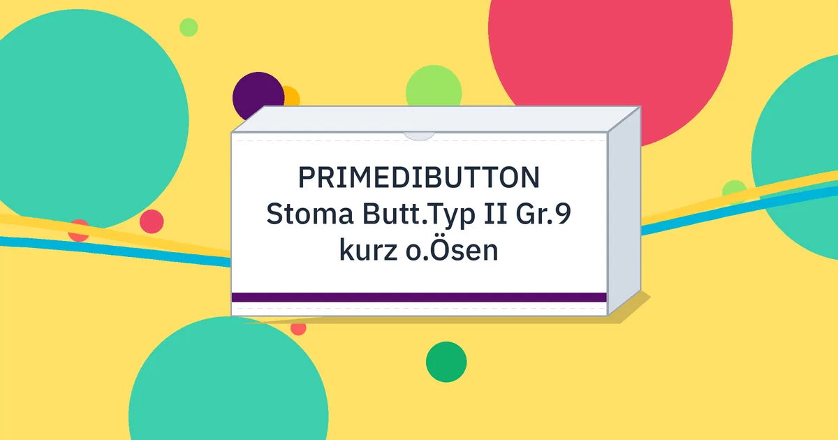 Symbolbild: Packung mit der Aufschrift PRIMEDIBUTTON Stoma Butt.Typ II Gr.9 kurz o.Ösen (PZN 10791439) – Verfügbarkeit und Bezug in Apotheken in Frankfurt am Main