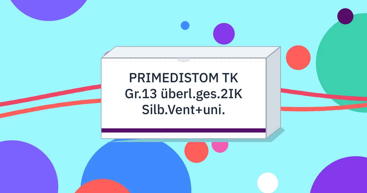 Symbolbild: Packung mit der Aufschrift PRIMEDISTOM TK Gr.13 überl.ges.2IK Silb.Vent+uni. (PZN 10209540) – Verfügbarkeit und Bezug in Apotheken in Frankfurt am Main