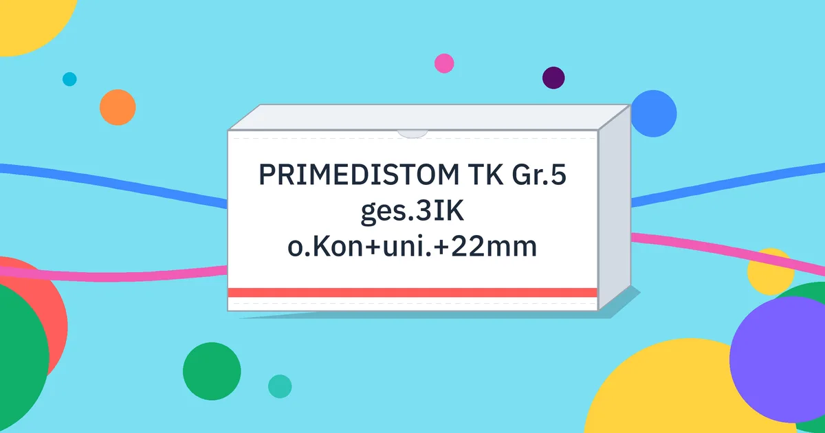 Symbolbild: Packung mit der Aufschrift PRIMEDISTOM TK Gr.5 ges.3IK o.Kon+uni.+22mm (PZN 10209362) – Verfügbarkeit und Bezug in Apotheken in Frankfurt am Main