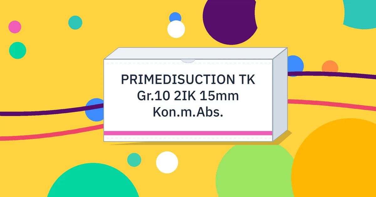 Symbolbild: Packung mit der Aufschrift PRIMEDISUCTION TK Gr.10 2IK 15mm Kon.m.Abs. (PZN 10282560) – Verfügbarkeit und Bezug in Apotheken in Frankfurt am Main