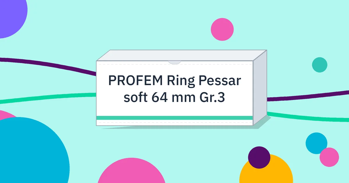 Symbolbild: Packung mit der Aufschrift PROFEM Ring Pessar soft 64 mm Gr.3 (PZN 19292637) – Verfügbarkeit und Bezug in Apotheken in Frankfurt am Main