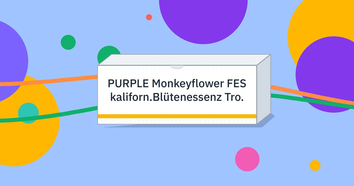 Symbolbild: Packung mit der Aufschrift PURPLE Monkeyflower FES kaliforn.Blütenessenz Tro. (PZN 09172665) – Verfügbarkeit und Bezug in Apotheken in Frankfurt am Main