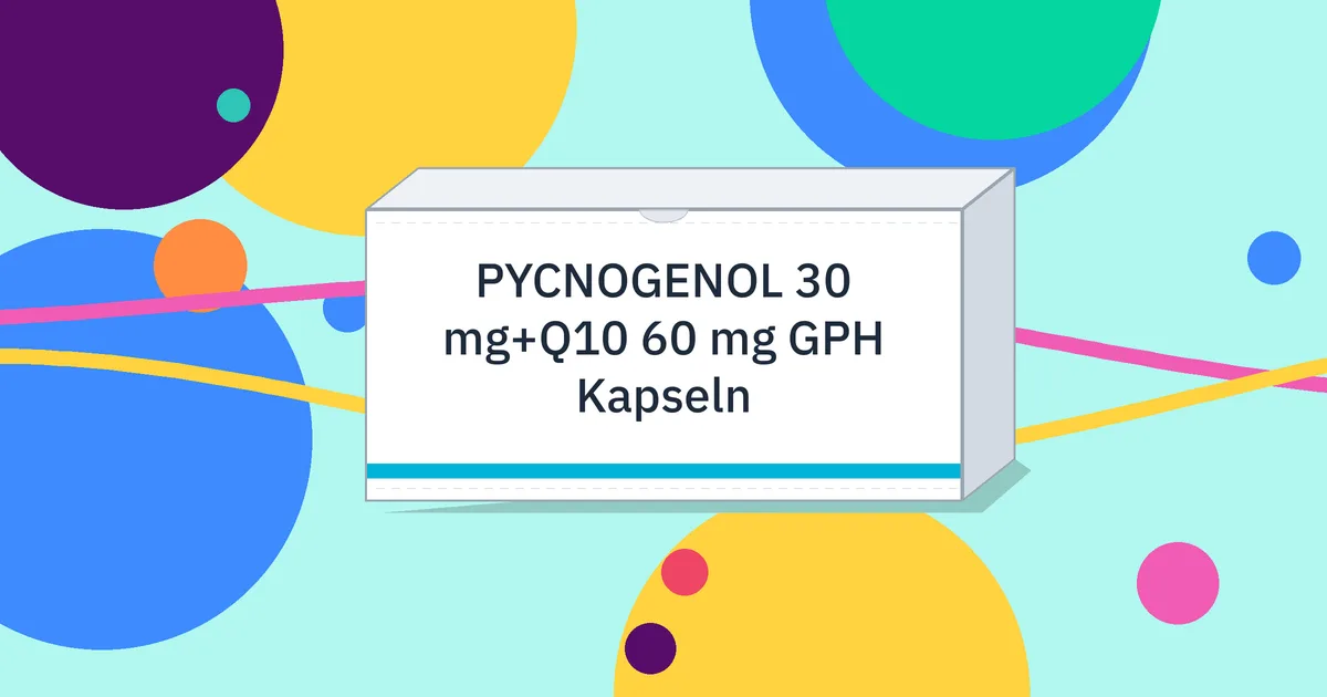 Symbolbild: Packung mit der Aufschrift PYCNOGENOL 30 mg+Q10 60 mg GPH Kapseln (PZN 01160875) – Verfügbarkeit und Bezug in Apotheken in Frankfurt am Main