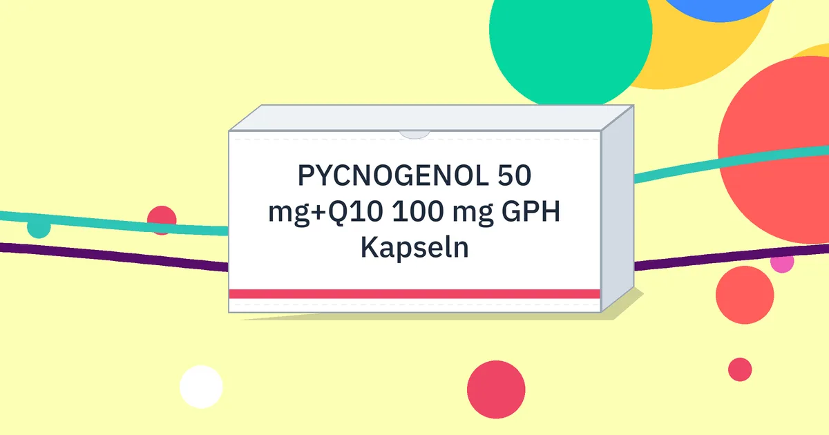 Symbolbild: Packung mit der Aufschrift PYCNOGENOL 50 mg+Q10 100 mg GPH Kapseln (PZN 06923220) – Verfügbarkeit und Bezug in Apotheken in Frankfurt am Main