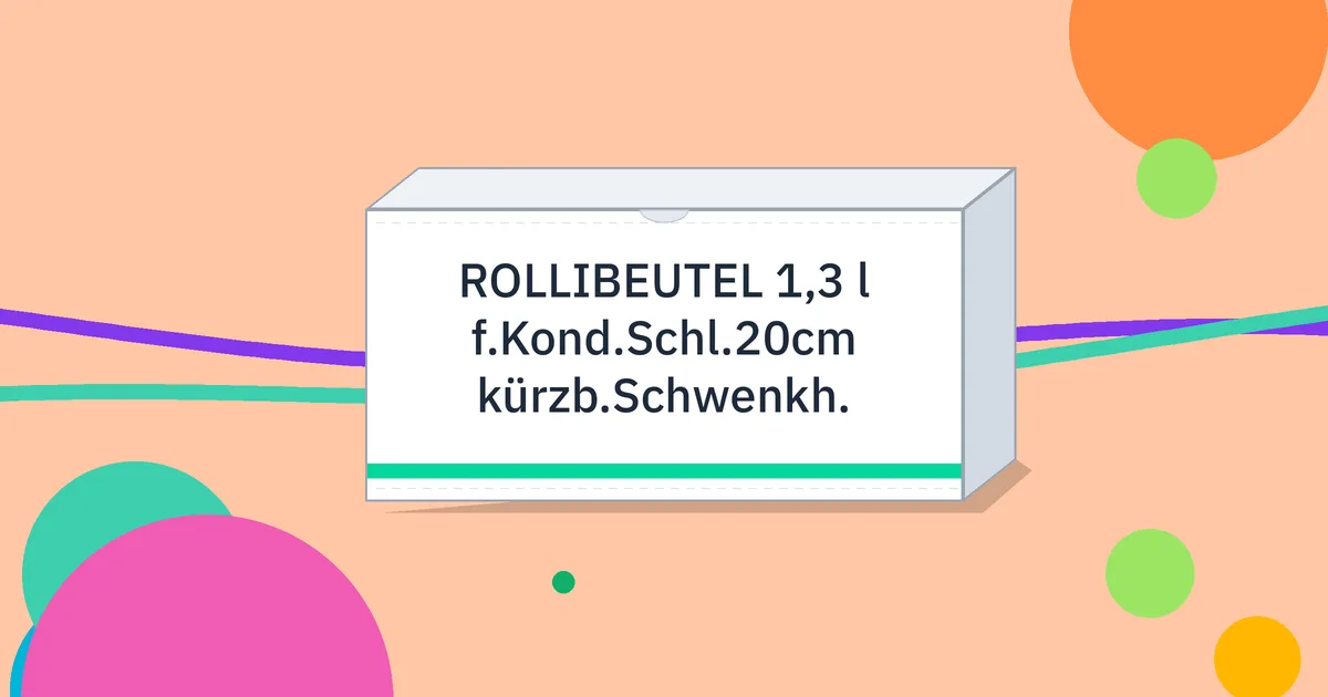 Symbolbild: Packung mit der Aufschrift ROLLIBEUTEL 1,3 l f.Kond.Schl.20cm kürzb.Schwenkh. (PZN 10346515) – Verfügbarkeit und Bezug in Apotheken in Frankfurt am Main