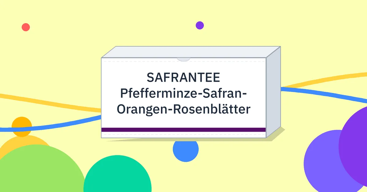 Symbolbild: Packung mit der Aufschrift SAFRANTEE Pfefferminze-Safran-Orangen-Rosenblätter (PZN 17239946) – Verfügbarkeit und Bezug in Apotheken in Frankfurt am Main