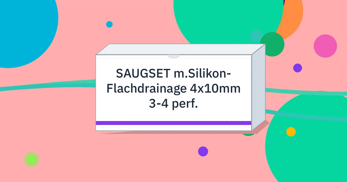 Symbolbild: Packung mit der Aufschrift SAUGSET m.Silikon-Flachdrainage 4x10mm 3-4 perf. (PZN 17483385) – Verfügbarkeit und Bezug in Apotheken in Frankfurt am Main