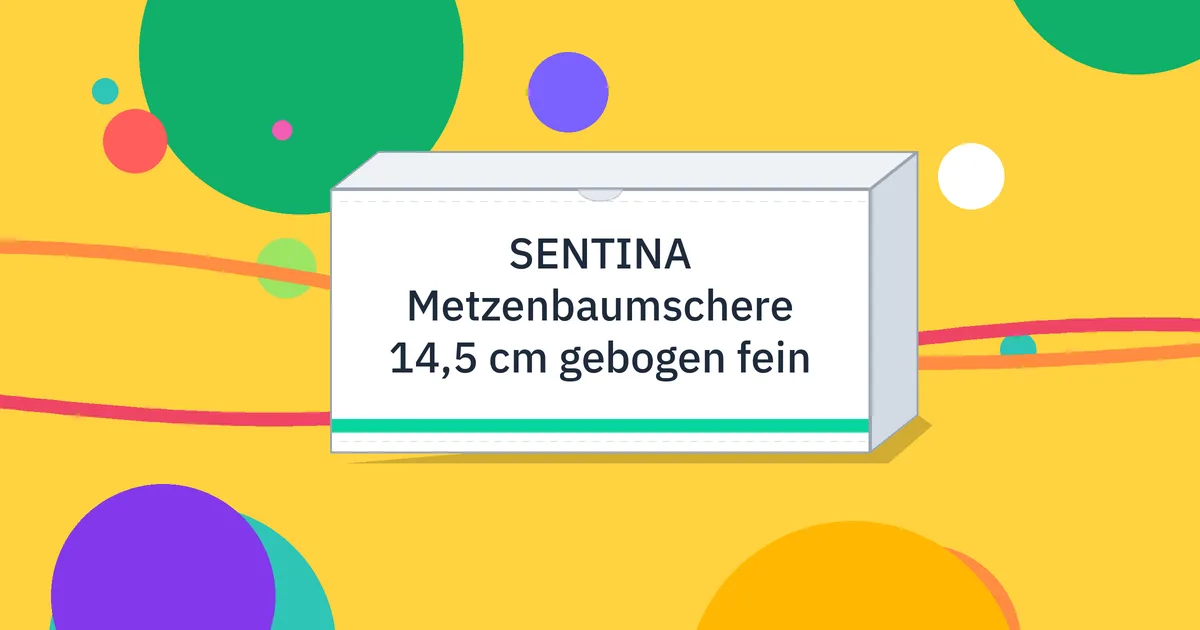Symbolbild: Packung mit der Aufschrift SENTINA Metzenbaumschere 14,5 cm gebogen fein (PZN 11585096) – Verfügbarkeit und Bezug in Apotheken in Frankfurt am Main