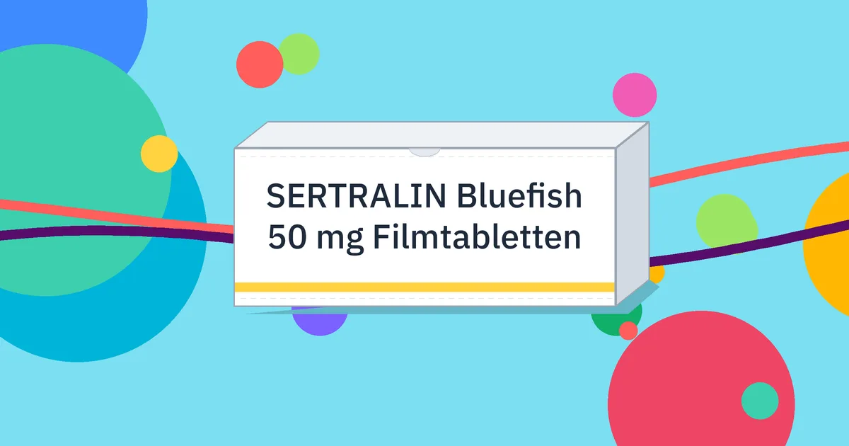 Symbolbild: Packung mit der Aufschrift SERTRALIN Bluefish 50 mg Filmtabletten (PZN 03560722) – Verfügbarkeit und Bezug in Apotheken in Frankfurt am Main