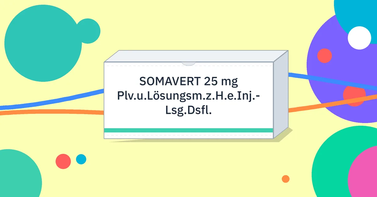 Symbolbild: Packung mit der Aufschrift SOMAVERT 25 mg Plv.u.Lösungsm.z.H.e.Inj.-Lsg.Dsfl. (PZN 20338221) – Verfügbarkeit und Bezug in Apotheken in Frankfurt am Main