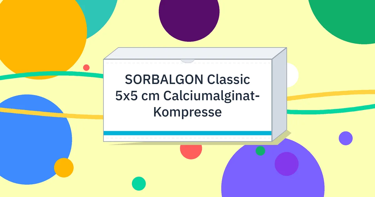 Symbolbild: Packung mit der Aufschrift SORBALGON Classic 5x5 cm Calciumalginat-Kompresse (PZN 18303907) – Verfügbarkeit und Bezug in Apotheken in Frankfurt am Main