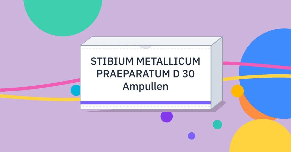 Symbolbild: Packung mit der Aufschrift STIBIUM METALLICUM PRAEPARATUM D 30 Ampullen (PZN 01626807) – Verfügbarkeit und Bezug in Apotheken in Frankfurt am Main