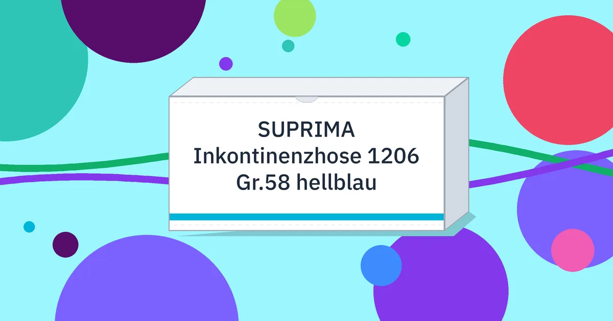 Symbolbild: Packung mit der Aufschrift SUPRIMA Inkontinenzhose 1206 Gr.58 hellblau (PZN 03021913) – Verfügbarkeit und Bezug in Apotheken in Frankfurt am Main