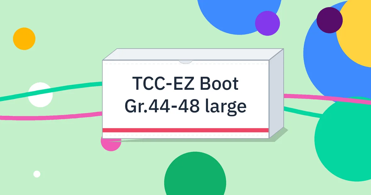 Symbolbild: Packung mit der Aufschrift TCC-EZ Boot Gr.44-48 large (PZN 14327472) – Verfügbarkeit und Bezug in Apotheken in Frankfurt am Main