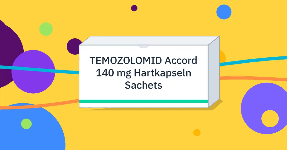 Symbolbild: Packung mit der Aufschrift TEMOZOLOMID Accord 140 mg Hartkapseln Sachets (PZN 16563917) – Verfügbarkeit und Bezug in Apotheken in Frankfurt am Main
