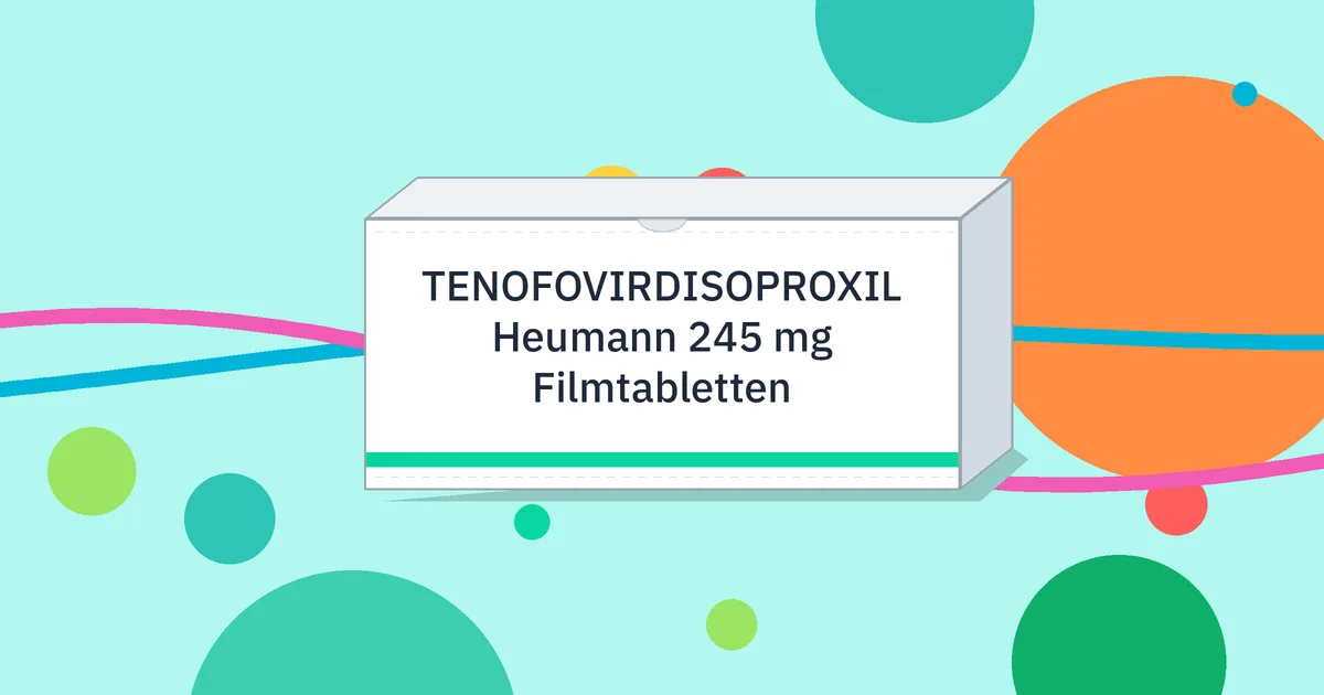Symbolbild: Packung mit der Aufschrift TENOFOVIRDISOPROXIL Heumann 245 mg Filmtabletten (PZN 13749478) – Verfügbarkeit und Bezug in Apotheken in Frankfurt am Main