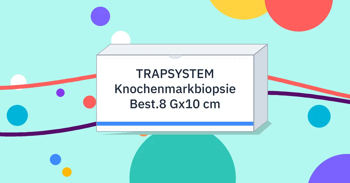 Symbolbild: Packung mit der Aufschrift TRAPSYSTEM Knochenmarkbiopsie Best.8 Gx10 cm (PZN 07096434) – Verfügbarkeit und Bezug in Apotheken in Frankfurt am Main