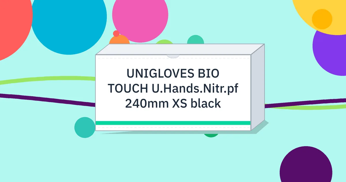 Symbolbild: Packung mit der Aufschrift UNIGLOVES BIO TOUCH U.Hands.Nitr.pf 240mm XS black (PZN 19638544) – Verfügbarkeit und Bezug in Apotheken in Frankfurt am Main
