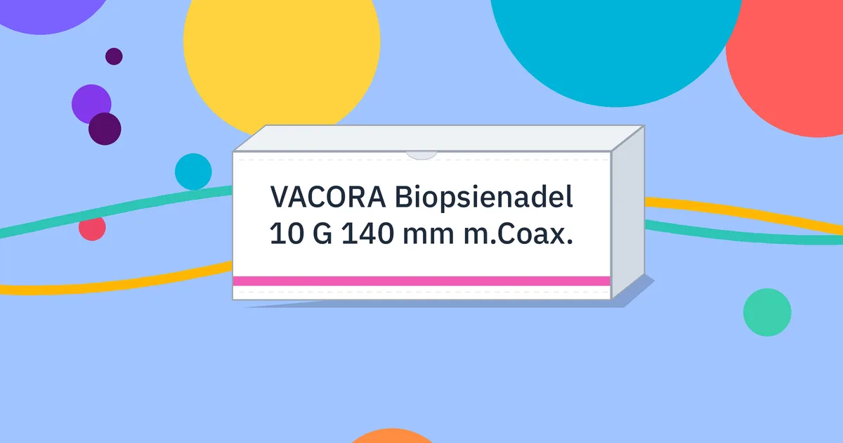 Symbolbild: Packung mit der Aufschrift VACORA Biopsienadel 10 G 140 mm m.Coax. (PZN 07781012) – Verfügbarkeit und Bezug in Apotheken in Frankfurt am Main