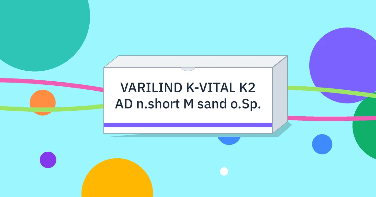 Symbolbild: Packung mit der Aufschrift VARILIND K-VITAL K2 AD n.short M sand o.Sp. (PZN 20567565) – Verfügbarkeit und Bezug in Apotheken in Frankfurt am Main