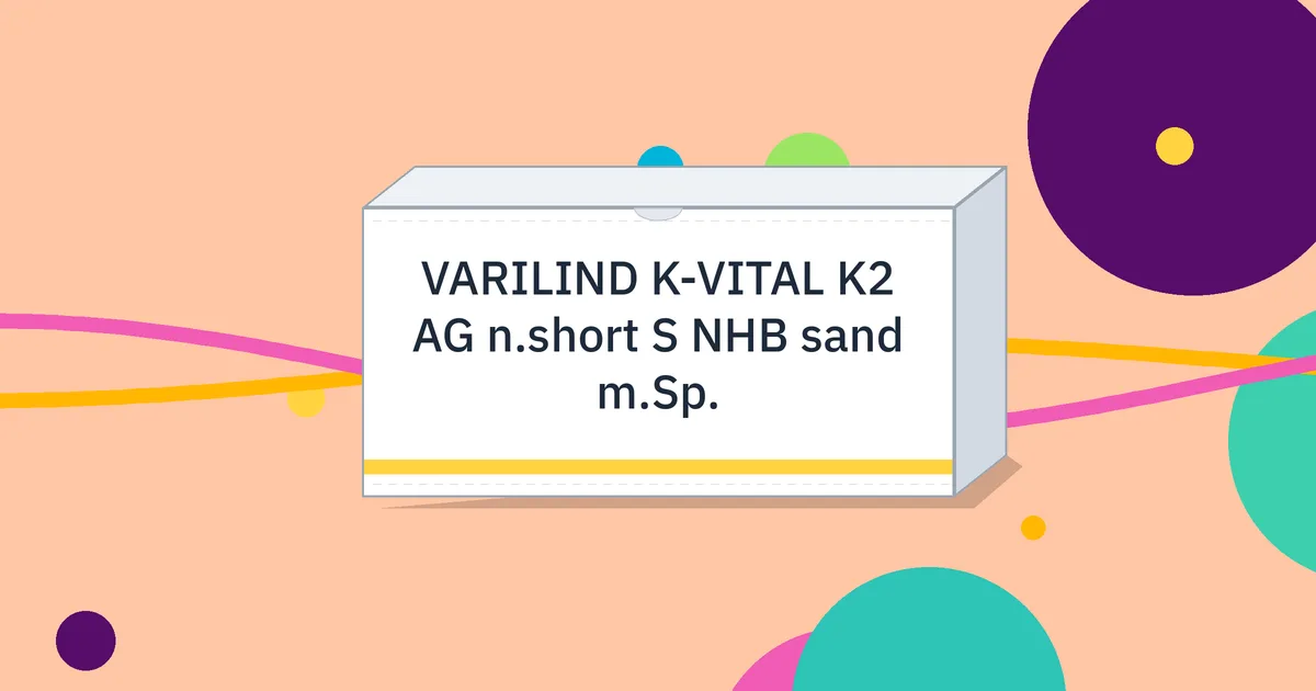 Symbolbild: Packung mit der Aufschrift VARILIND K-VITAL K2 AG n.short S NHB sand m.Sp. (PZN 20564207) – Verfügbarkeit und Bezug in Apotheken in Frankfurt am Main