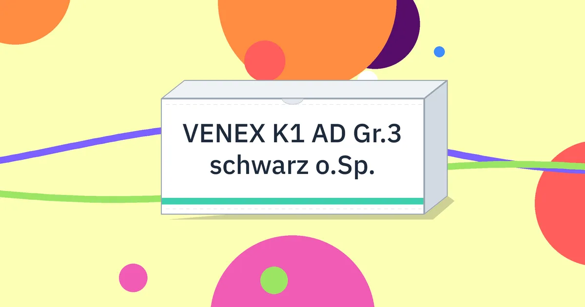 Symbolbild: Packung mit der Aufschrift VENEX K1 AD Gr.3 schwarz o.Sp. (PZN 03186146) – Verfügbarkeit und Bezug in Apotheken in Frankfurt am Main