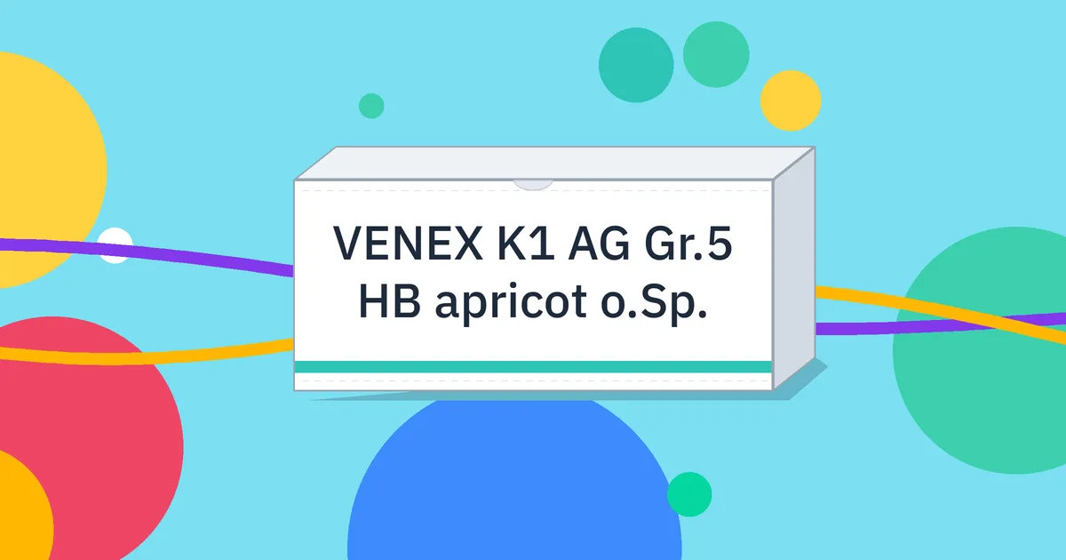 Symbolbild: Packung mit der Aufschrift VENEX K1 AG Gr.5 HB apricot o.Sp. (PZN 03193258) – Verfügbarkeit und Bezug in Apotheken in Frankfurt am Main
