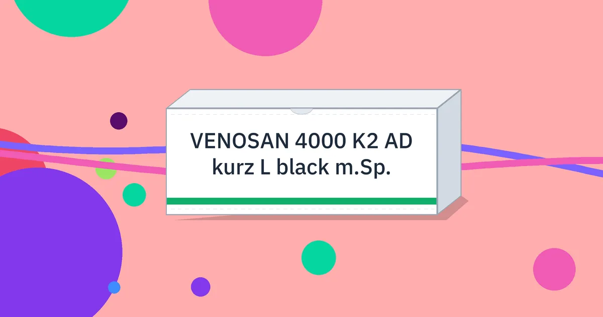 Symbolbild: Packung mit der Aufschrift VENOSAN 4000 K2 AD kurz L black m.Sp. (PZN 14427297) – Verfügbarkeit und Bezug in Apotheken in Frankfurt am Main