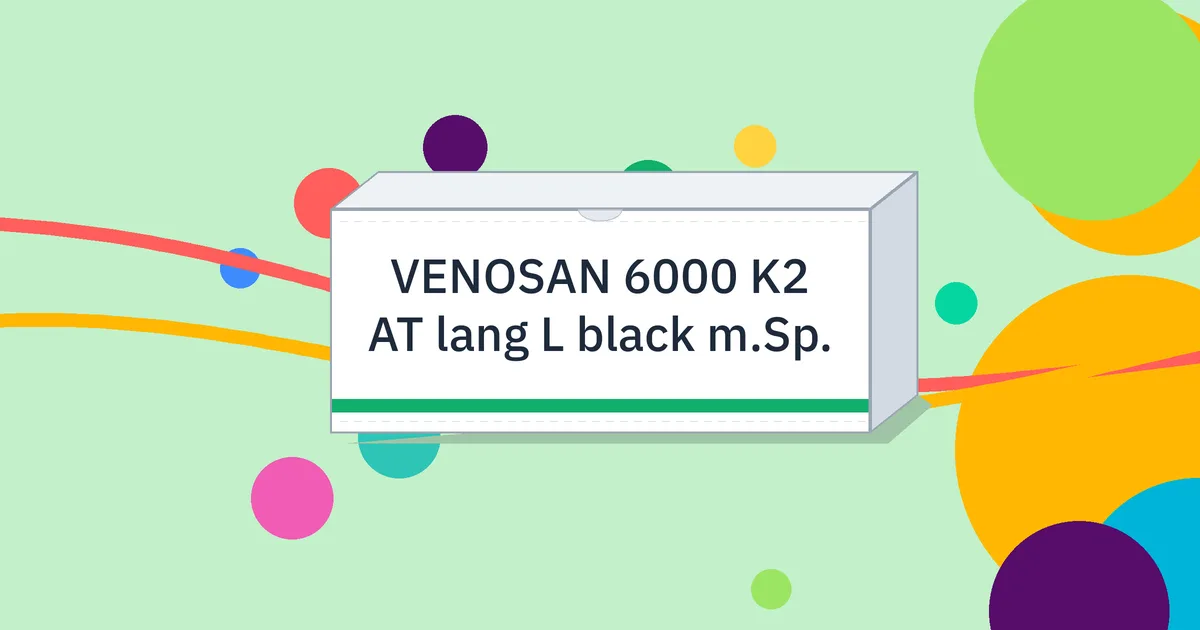 Symbolbild: Packung mit der Aufschrift VENOSAN 6000 K2 AT lang L black m.Sp. (PZN 17173271) – Verfügbarkeit und Bezug in Apotheken in Frankfurt am Main