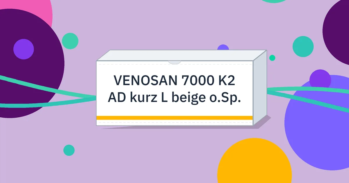 Symbolbild: Packung mit der Aufschrift VENOSAN 7000 K2 AD kurz L beige o.Sp. (PZN 14434251) – Verfügbarkeit und Bezug in Apotheken in Frankfurt am Main