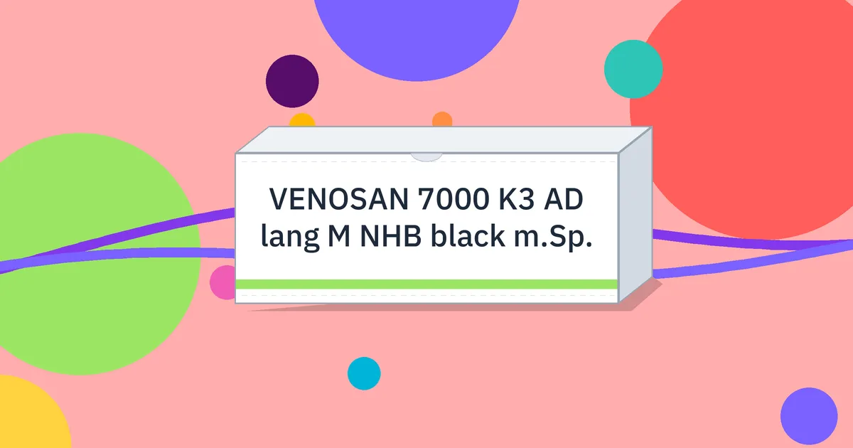 Symbolbild: Packung mit der Aufschrift VENOSAN 7000 K3 AD lang M NHB black m.Sp. (PZN 14436333) – Verfügbarkeit und Bezug in Apotheken in Frankfurt am Main