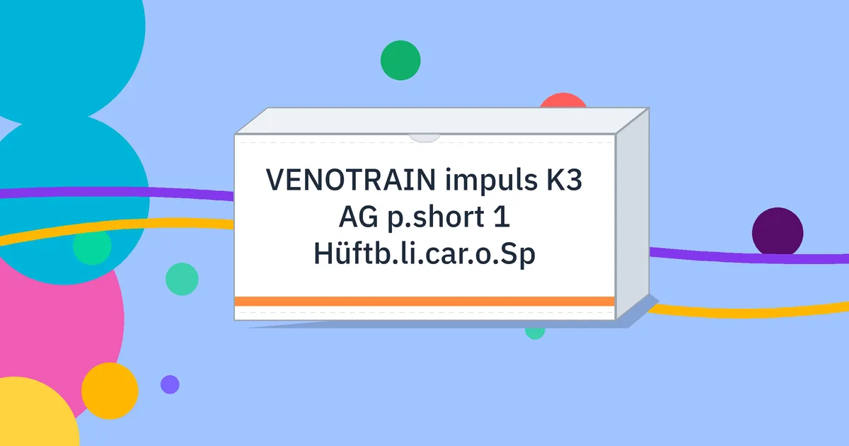 Symbolbild: Packung mit der Aufschrift VENOTRAIN impuls K3 AG p.short 1 Hüftb.li.car.o.Sp (PZN 08424828) – Verfügbarkeit und Bezug in Apotheken in Frankfurt am Main